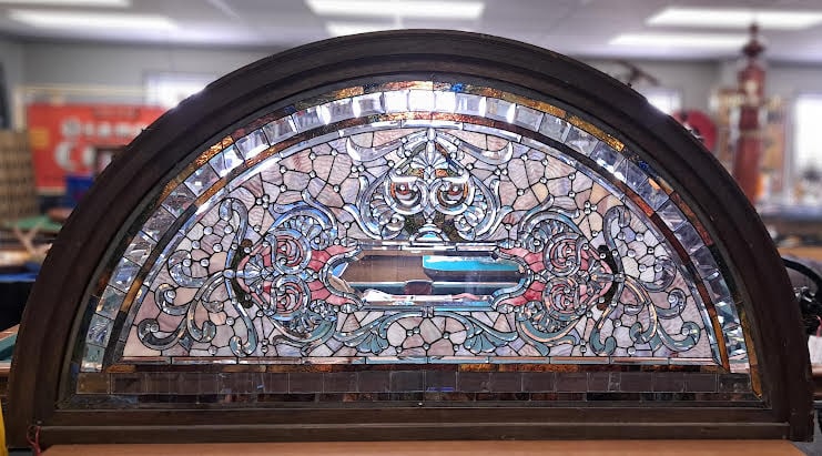 Beveled Stained & Jeweled Arch Top Transom Window