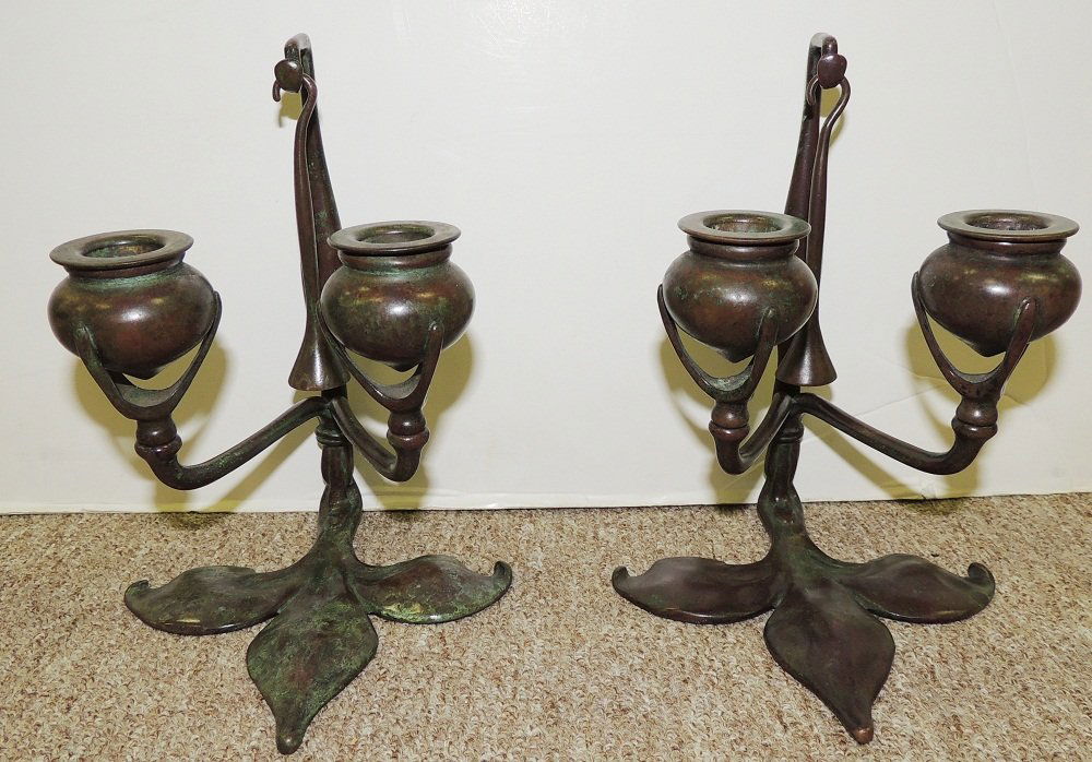 Pair Of Bronze Tiffany Studios Candlesticks