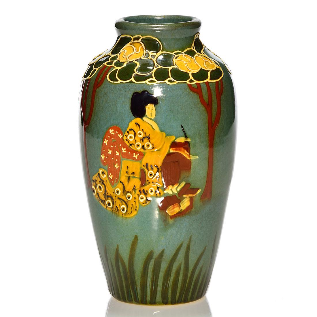 Weller Rhead Faience vase, Geisha, trees, 7 3/4"