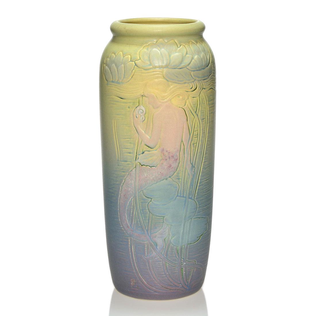 Weller Cameo Jewel vase, mermaid and fish, 13"