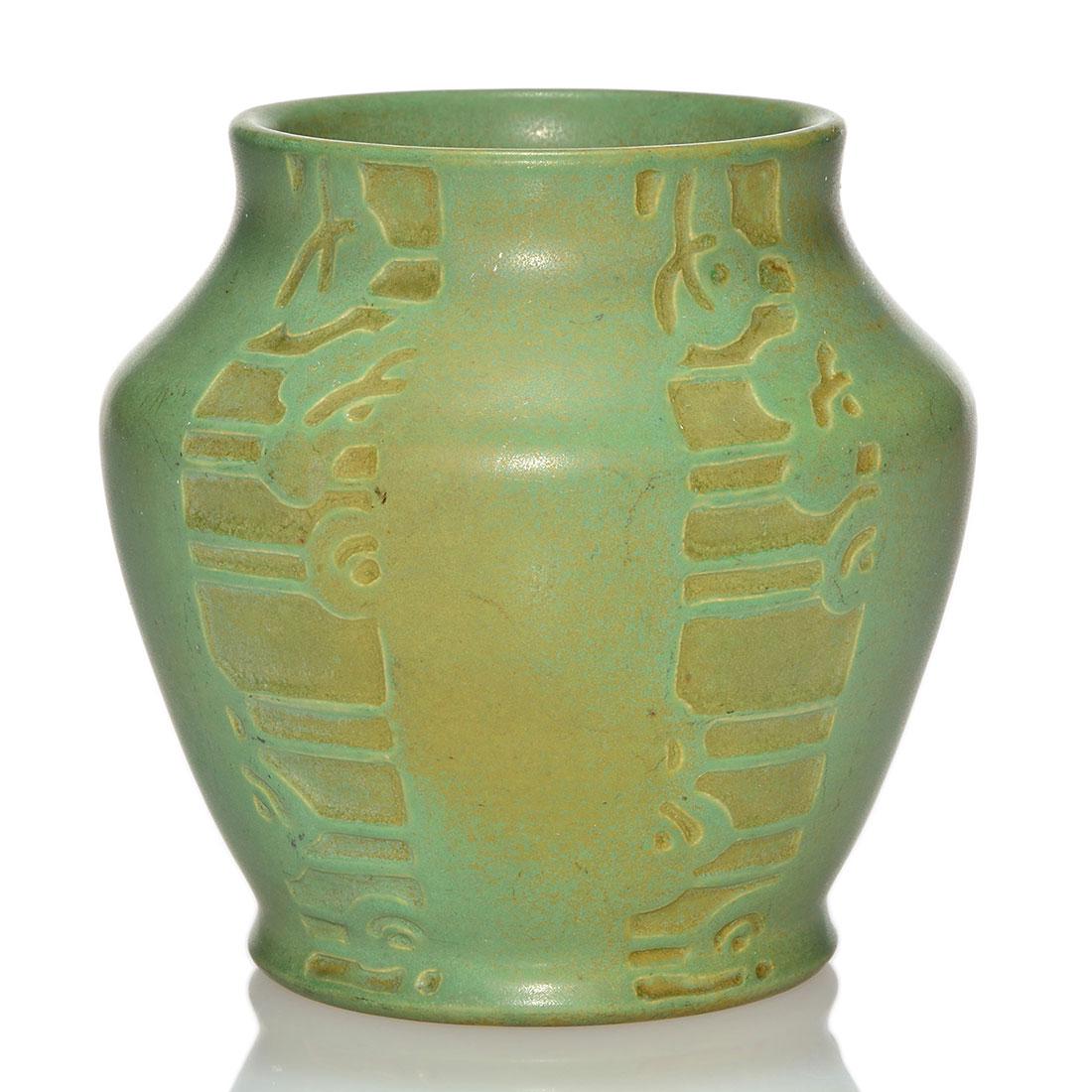 Overbeck vase, trees, Elizabeth, Hannah, 5 3/8 inches