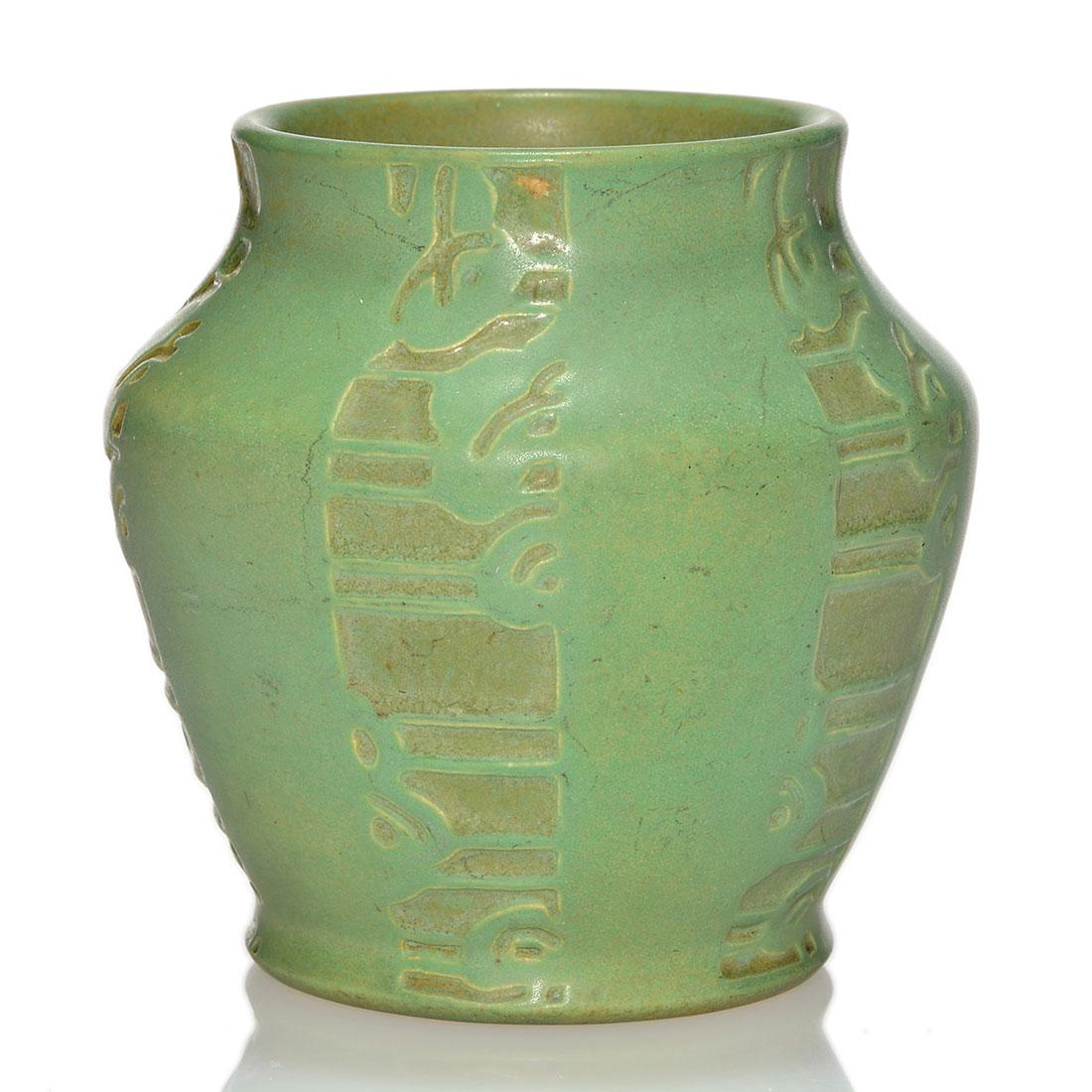 Overbeck vase, trees, Elizabeth, Hannah, 5 3/8 inches