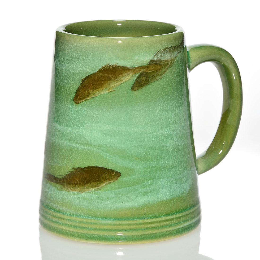 Rookwood Sea Green mug, fish, Hurley, '02, 587C, 4 5/8"