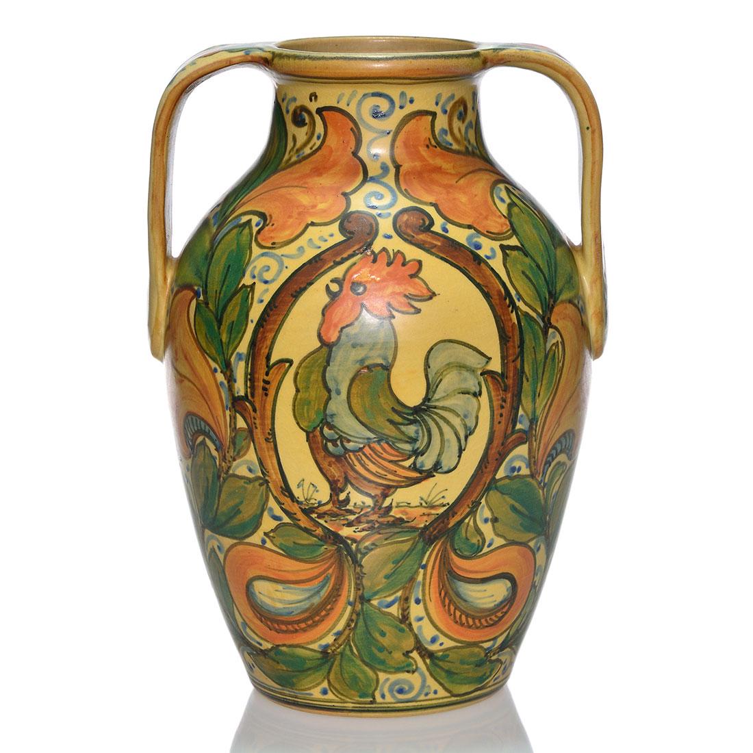 Weller Pottery Barcelona vase, rooster,handles,12 1/8"