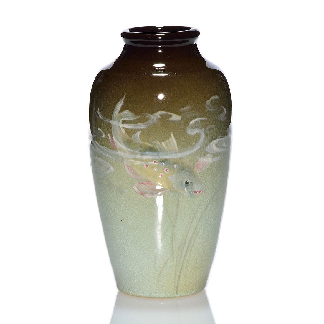Weller Eocean 7 5/8" vase, fish, Roberts