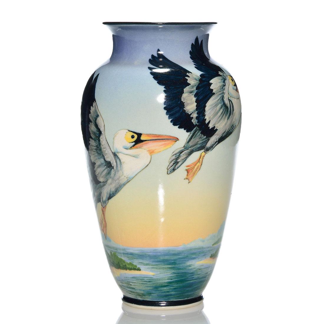 Santa Barbara Ceramic Design vase, pelicans, 9 5/8"