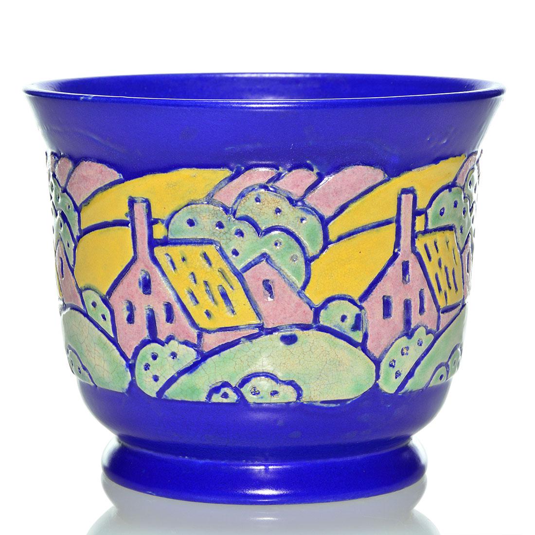 Overbeck Pottery scenic vase,houses,Mary Frances,4 1/2"