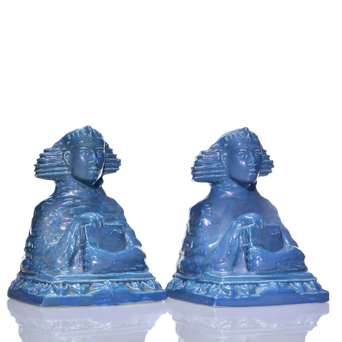 Rookwood Sphinx bookends, blue mat, 1920, 2503, 7"