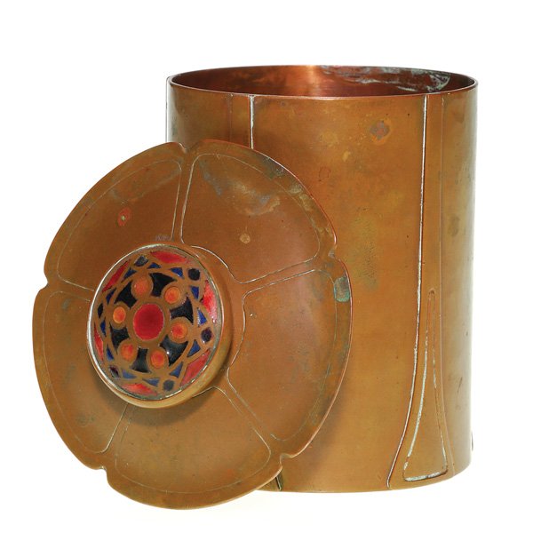 0615: Copper box, enamel finial, Cauman, AK hammer