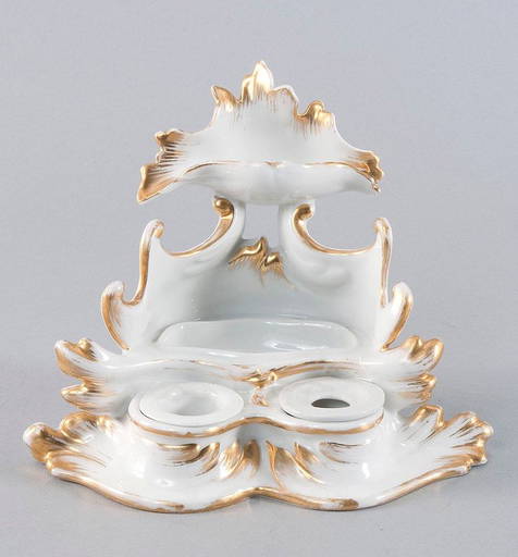 Pen, White Porcelain, Gilt, Ink And Quill Removable Pot