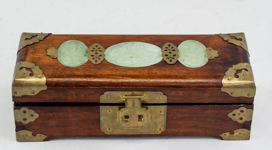 Chinese Wood Jewellery Box With Jade Decoration