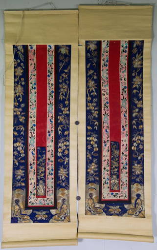 Pair Of Japanese Embroidery Textile Scrolls