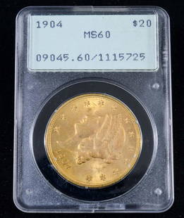 1904 $20 Double Eagle Gold Coin Pcgs Ms60