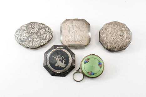 Five Vintage Ladies Compacts Enameled Inserts