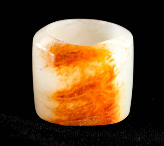 Chinese White Jade And Russet Archers Ring