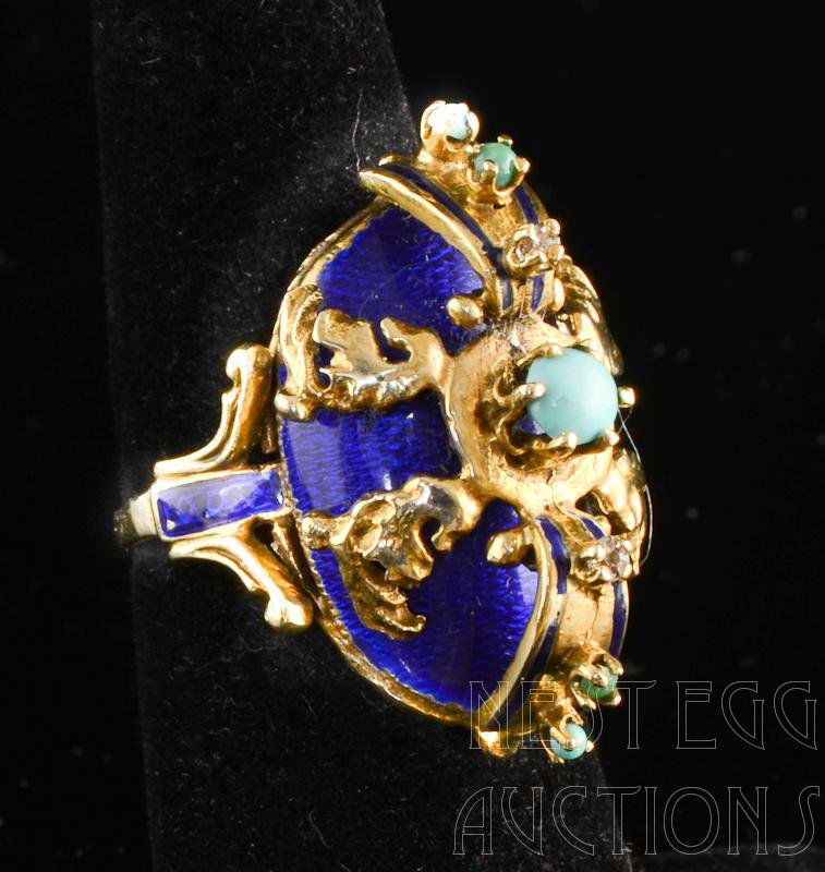 14k Russian Blue Enamel Turquoise Diamond Ring