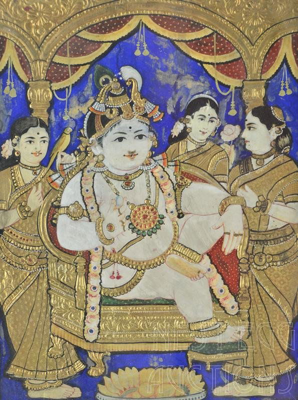19th/20th C. Hindu Tanjore Style Painting of Lord Krish