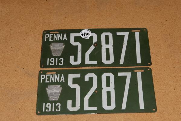 Pr 1913 Porcelain Pennsylvania Lic Plates