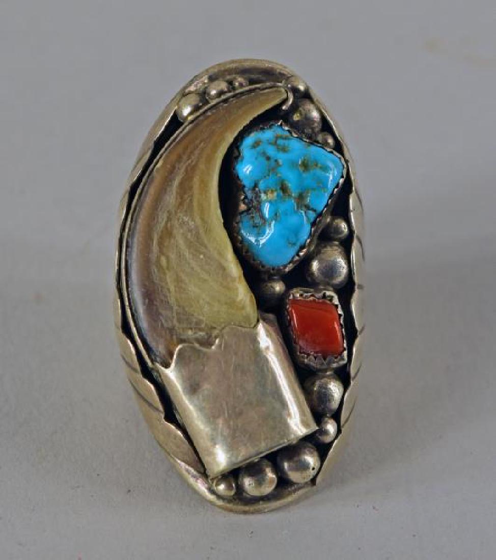Navajo Sterling Turquoise & Coral Bear Claw Ring