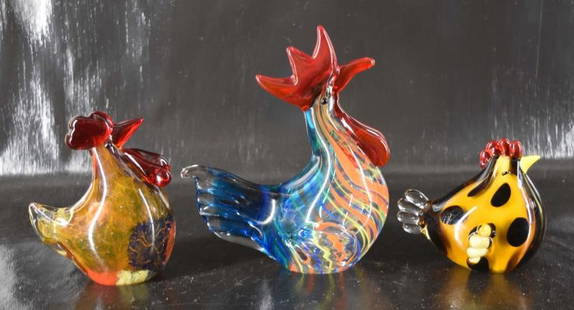 Three New Murano Glass Chicken / Roosters