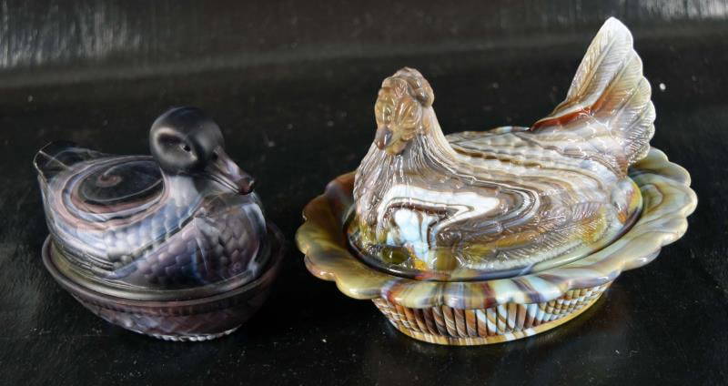 Rainbow And Purple Slag Glass Hen On Nest Auction