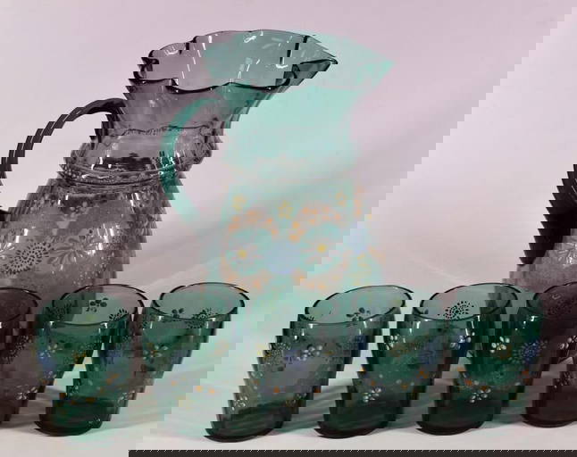 Victorian Green Enamel Pitcher & Glasses