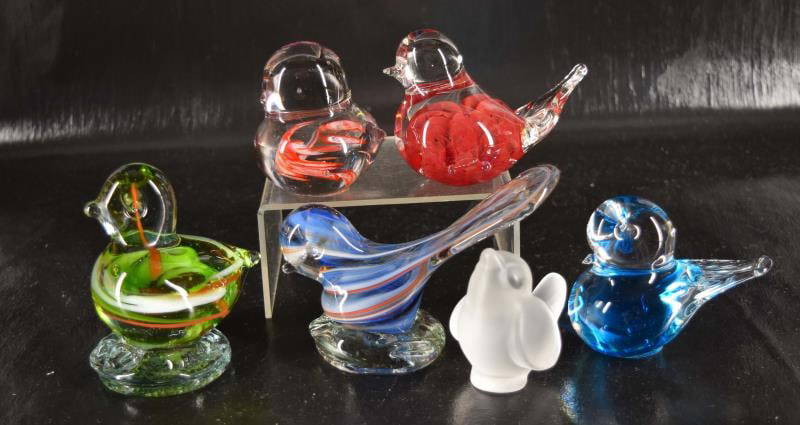 Six Art Glass Bird Paperweights