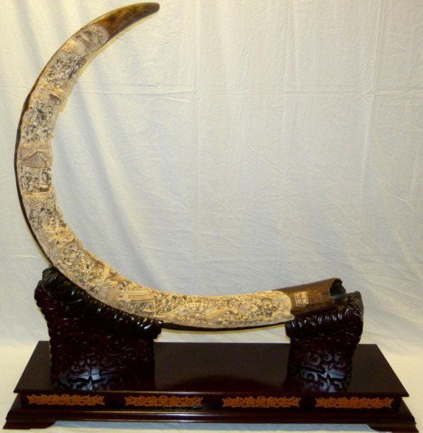 Monumental Mammoth Ivory Carved Tusk Village Scene