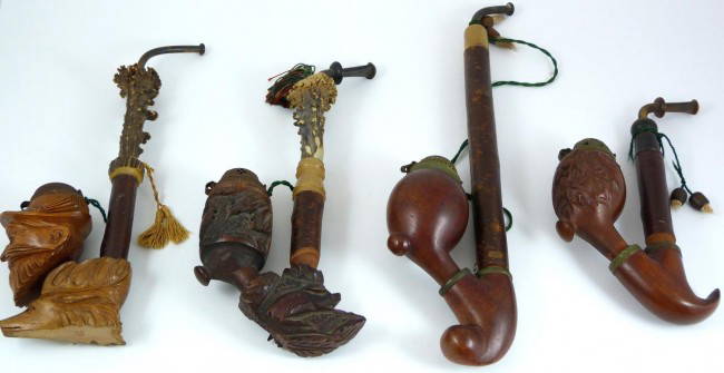 4 Antique Hand Carved Wooden Tobacco Pipes
