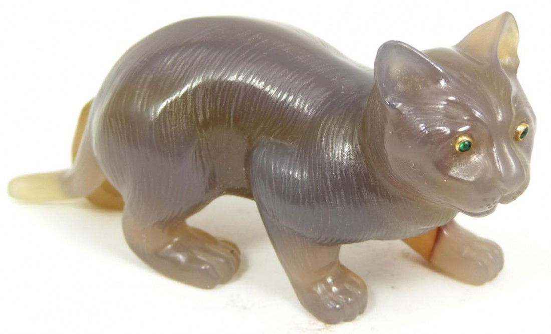 Russian Hand Carved Agate Jeweled Cat Figure