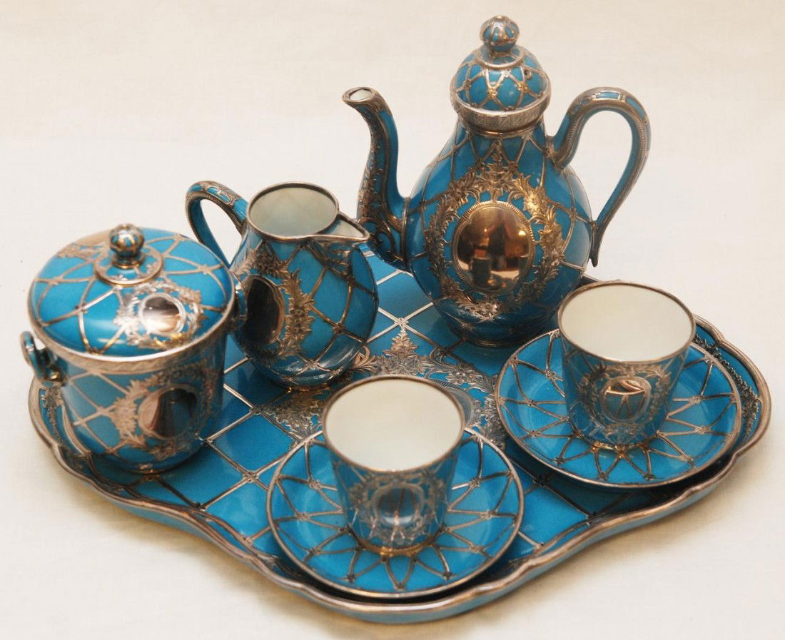 142: 8 Pc SEVRES PORCELAIN & SILVER OVERLAY TEA SET