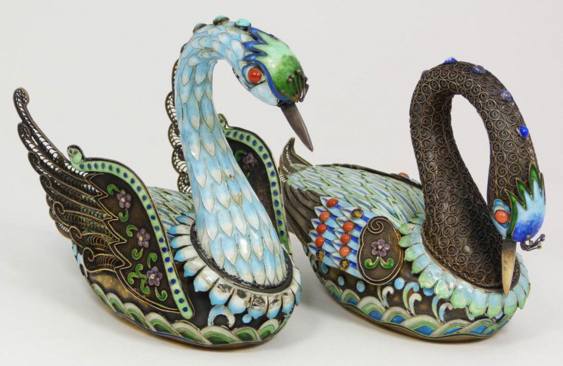 Pr Chinese Silver And Enamel Swan Boxes