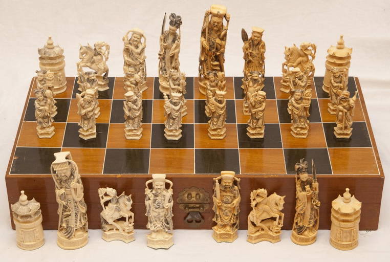 Large Chinese Hand Carved Ivory Chess Set