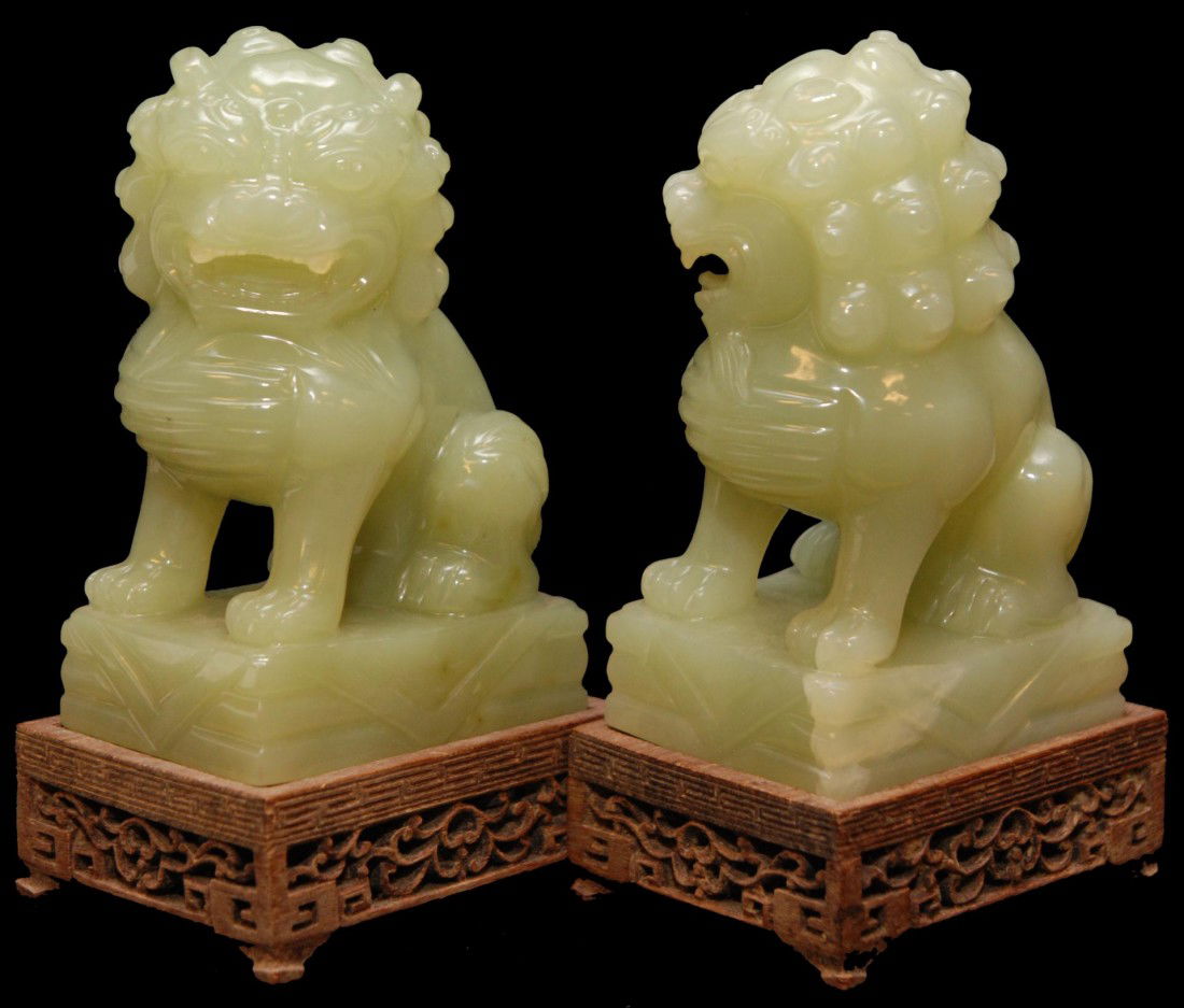 Pr Chinese Serpentine Jade Foo Dog Figures