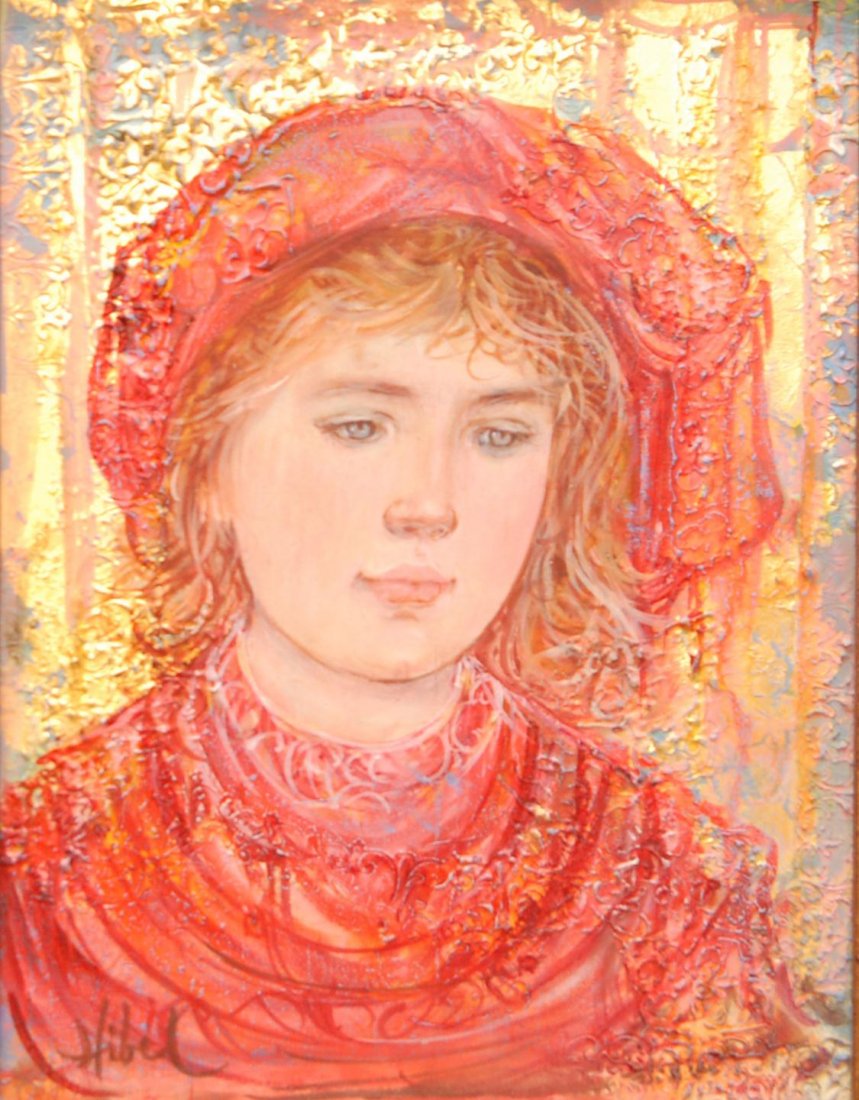 162: EDNA HIBEL OIL PAINTING ON PANEL OF GIRL IN RED DR