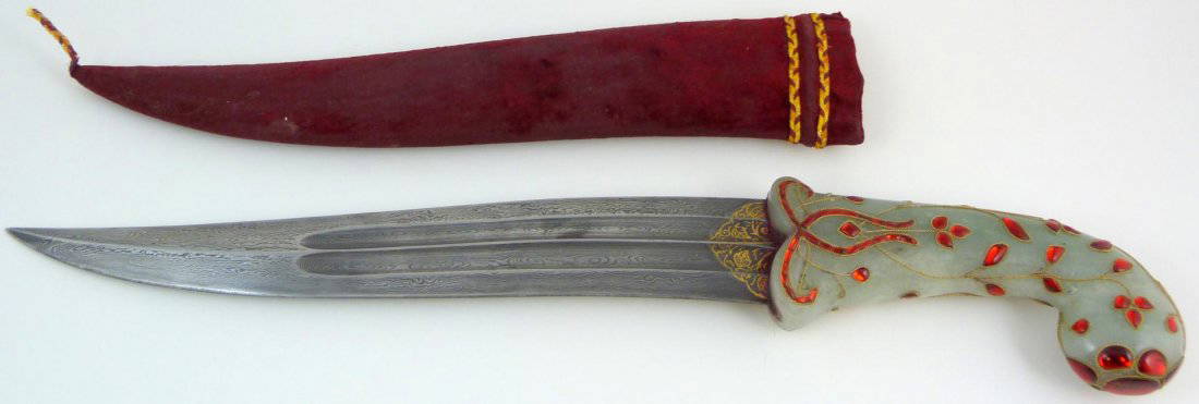 Jeweled Carved Jade Handle Damascus Mughal Dagger