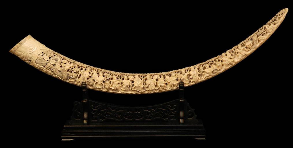 Chinese Qing Relief Carved Ivory Scene Tusk