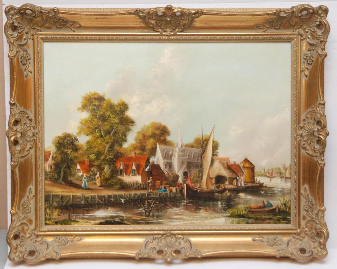 K Douglas Oil Painting On Canvas Of Harbor Scene