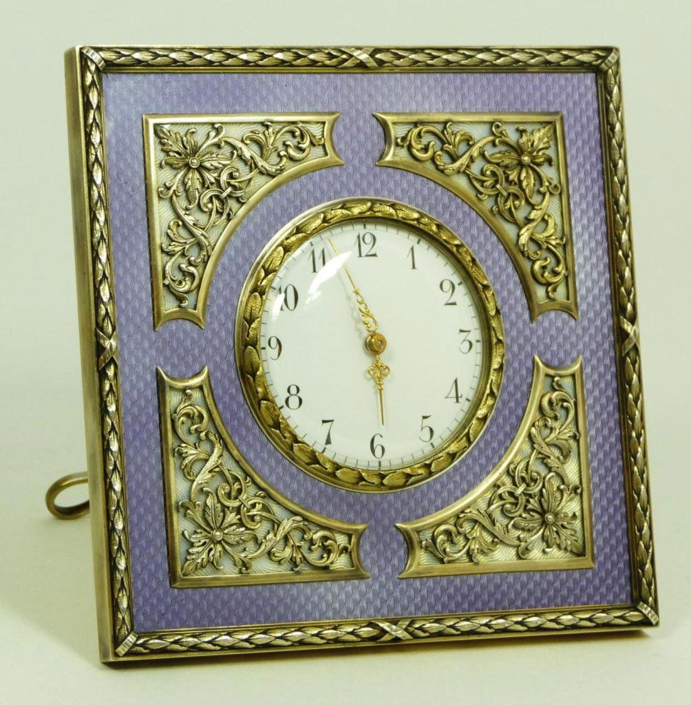 RUSSIAN SILVER GUILLOCHE ENAMEL & IVORY CLOCK