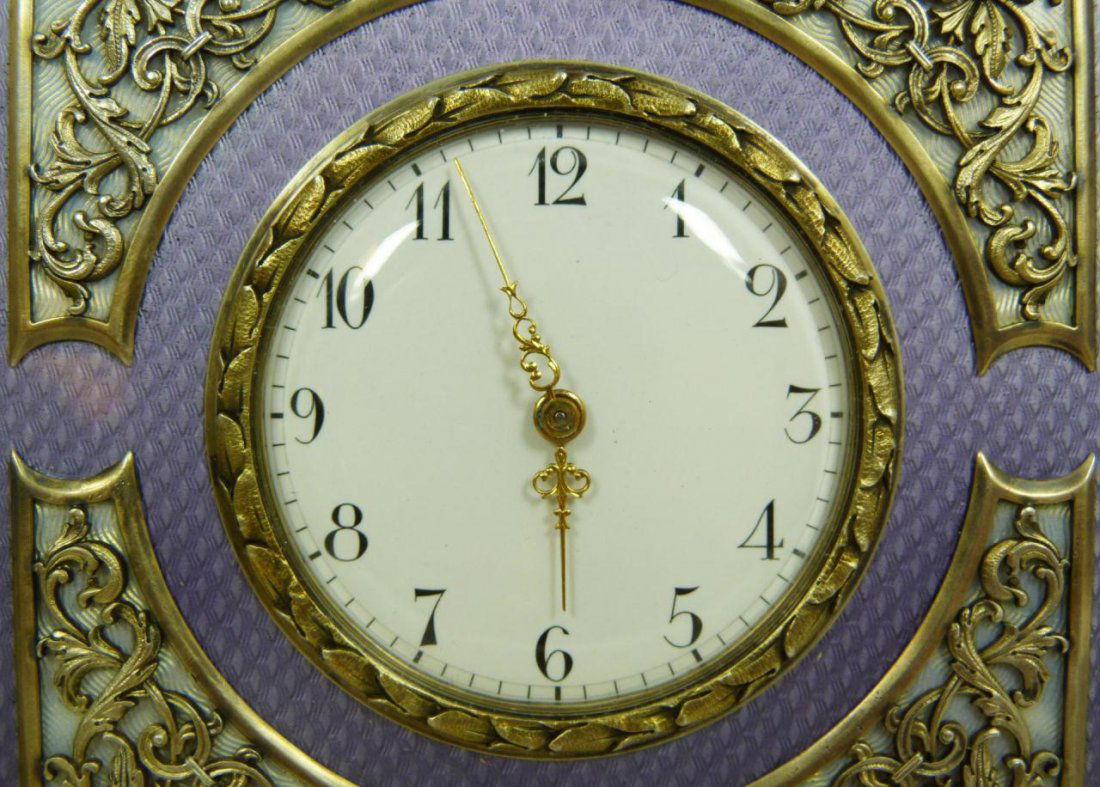 RUSSIAN SILVER GUILLOCHE ENAMEL & IVORY CLOCK