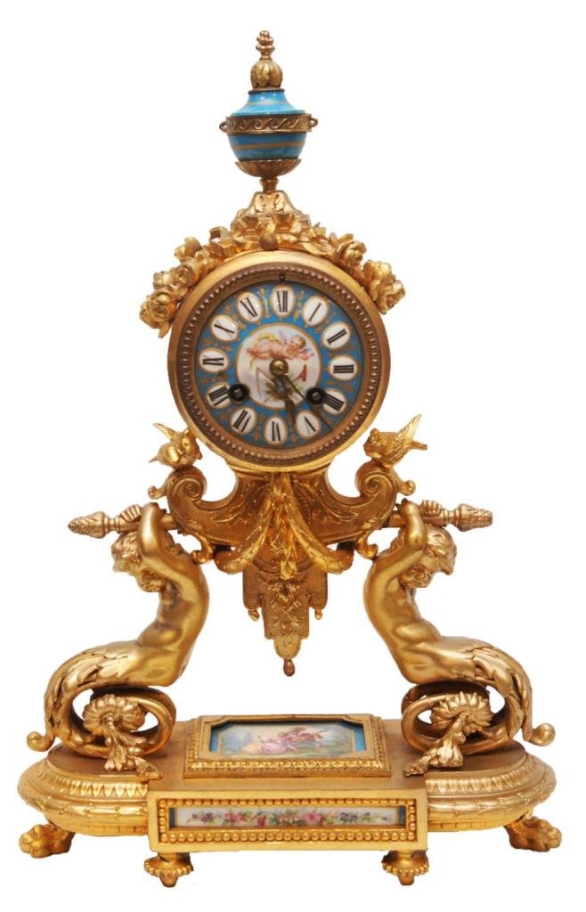 PH MOUREY DORE BRONZE & PORCELAIN MANTLE CLOCK