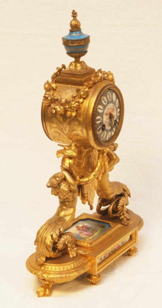 PH MOUREY DORE BRONZE & PORCELAIN MANTLE CLOCK