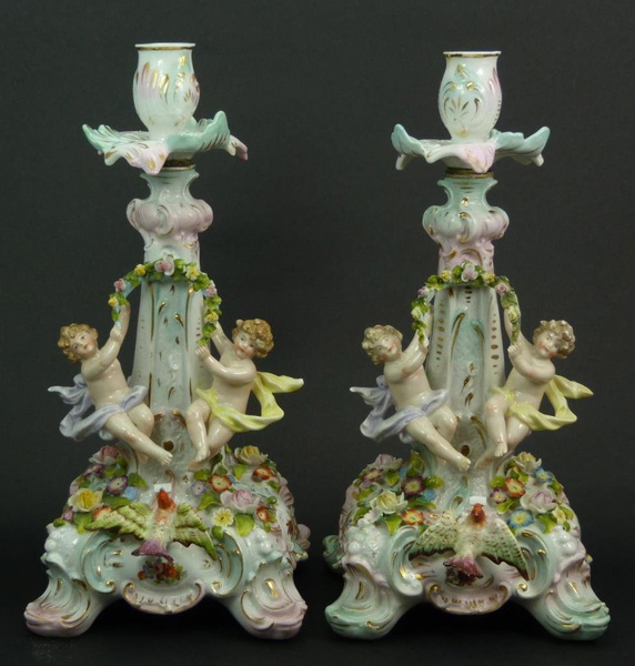 Pr 19th C Sitzendorf German Porcelain Candlesticks Pr 19th C Sitzendorf German Porcelain Candlesticks