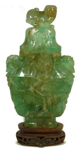 Chinese Carved Green Quartz Foo Dog Lidded Urn