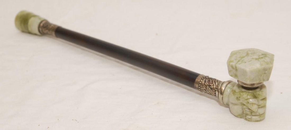 ANTIQUE CHINESE SILVER & JADE OPIUM PIPE