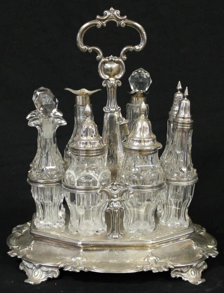 Antique Sterling & Crystal Large English Cruet Set