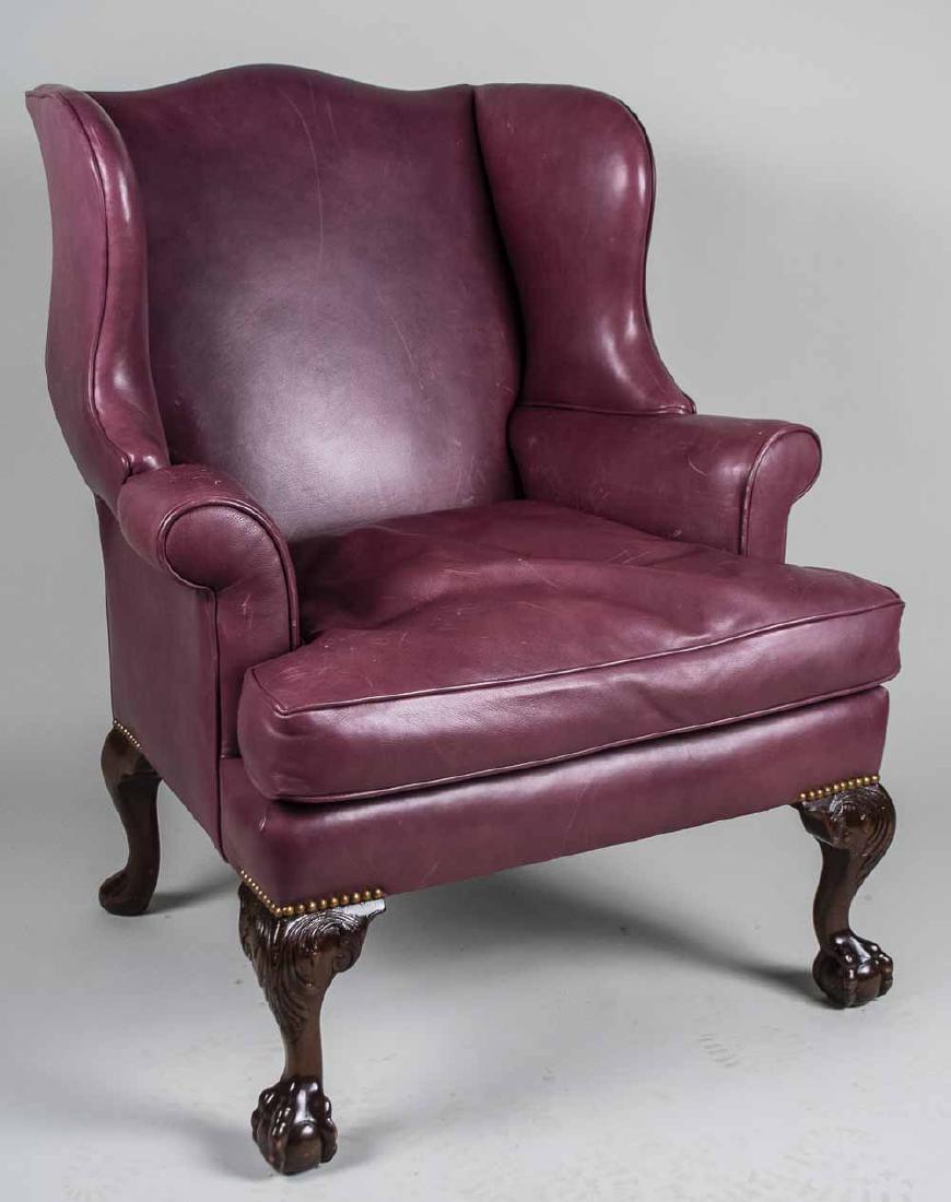 Queen Anne Style Wine Leather Wing Chair