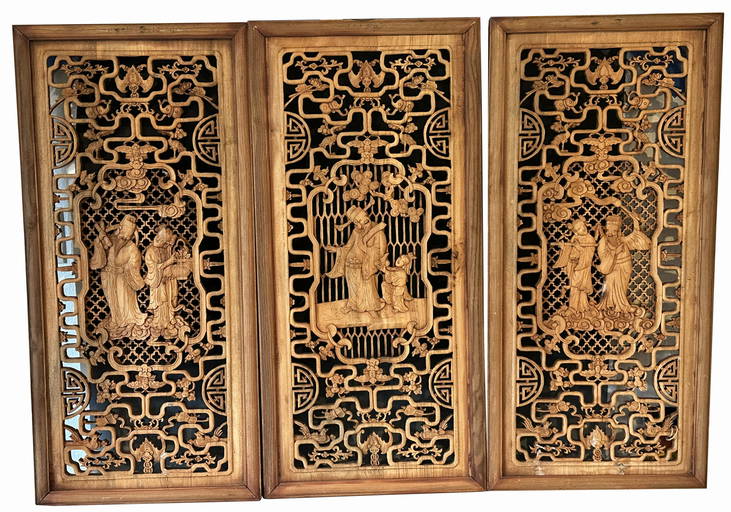 Set Of (3) Chinese Carved Wood Panels