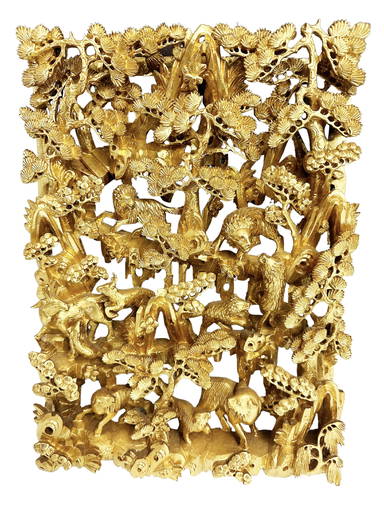 Chinese Vintage Carved Wood Gesso Panel