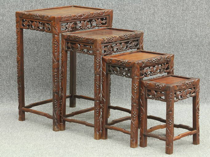 Set Of (4) Chinese Carved Nesting Tables Circa Ea